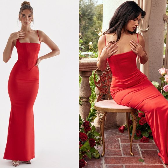 House of CB | Dresses | House Of Cb Olivette Red Rose Satin Corset Maxi ...